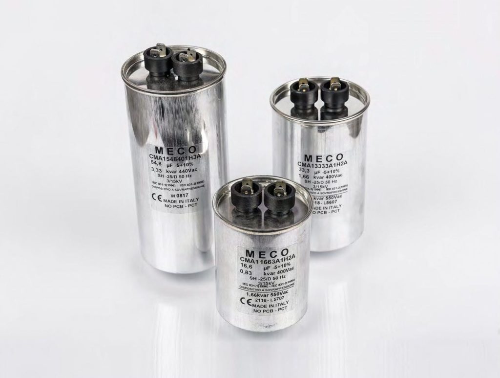 Three-phase and Single-phase capacitors for power factor correction.